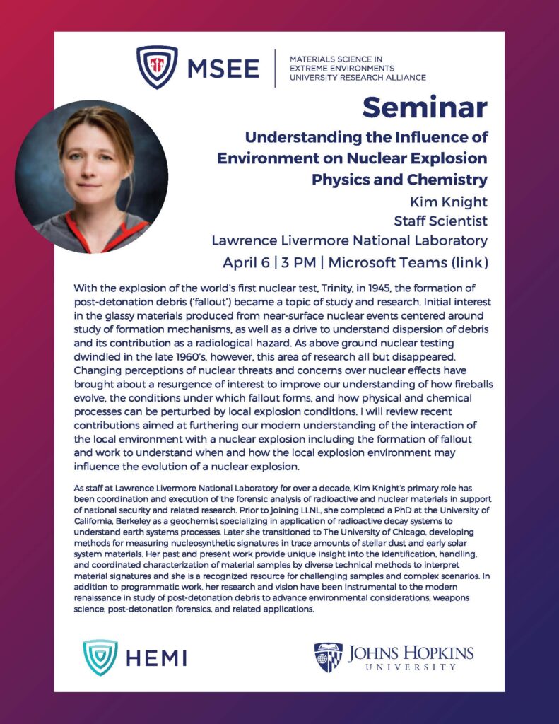 Seminar: Dr. Kim Knight, LLNL – Materials Science in Extreme Environments